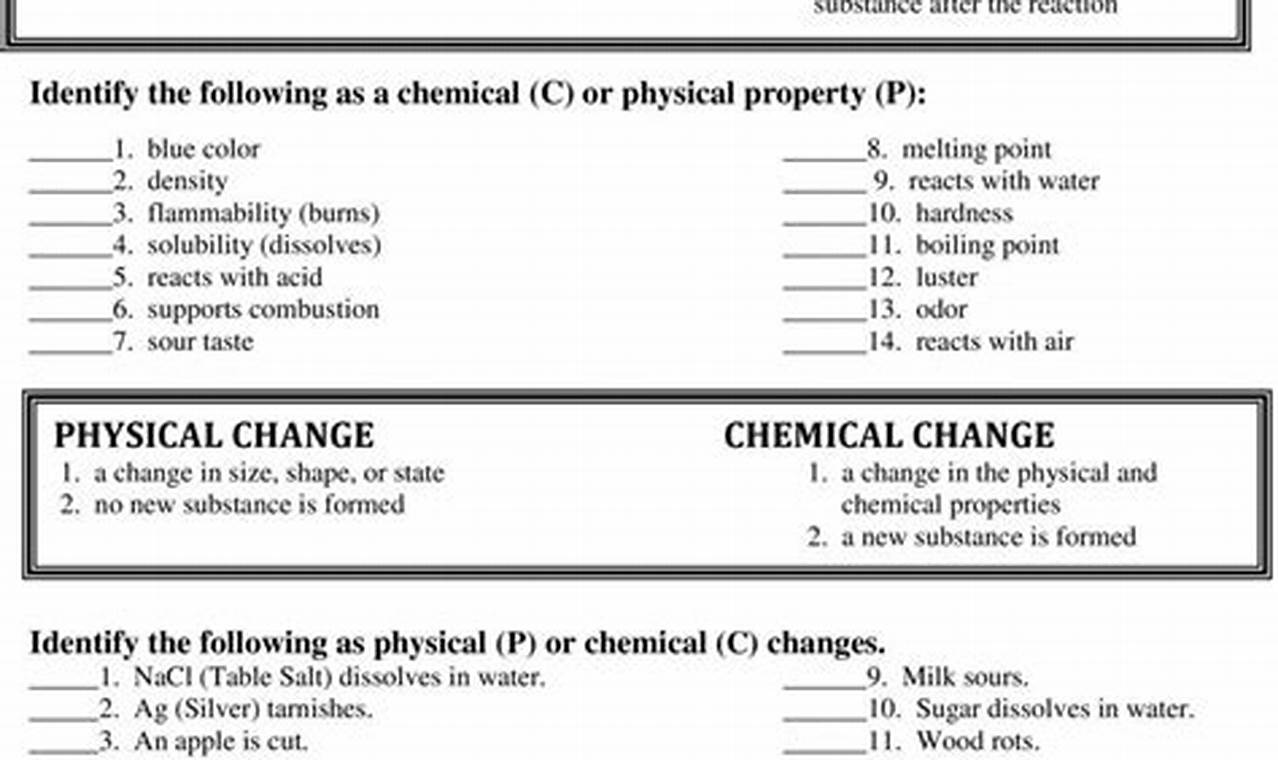 Free Physical & Chemical Property Worksheet with Answers